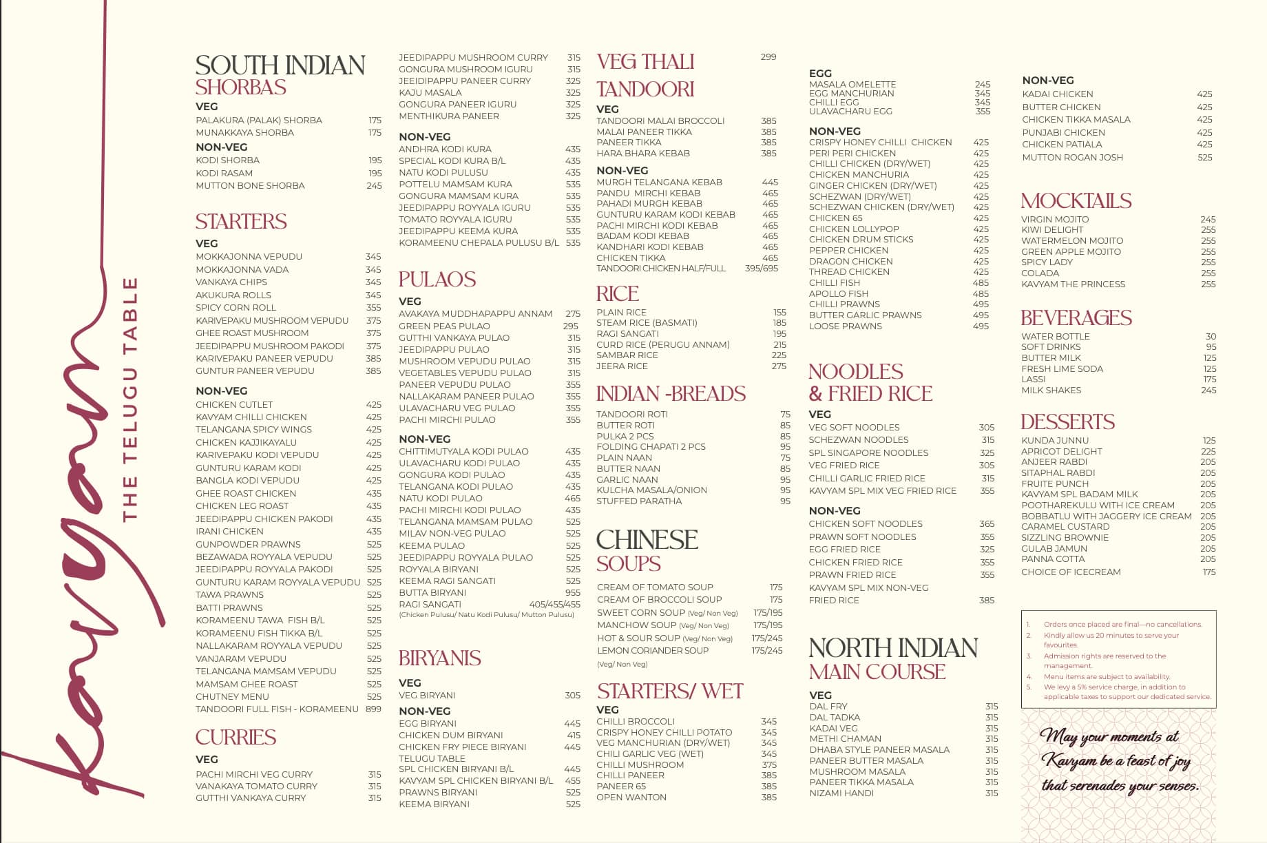 Menu of Kavyam The Telugu Table, Jubilee Hills, Hyderabad