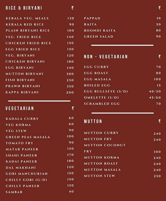 Menu at Hotel Malabar, Gurugram