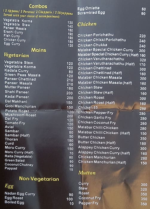 Menu at Malabar Restaurant, New Delhi, A-37A