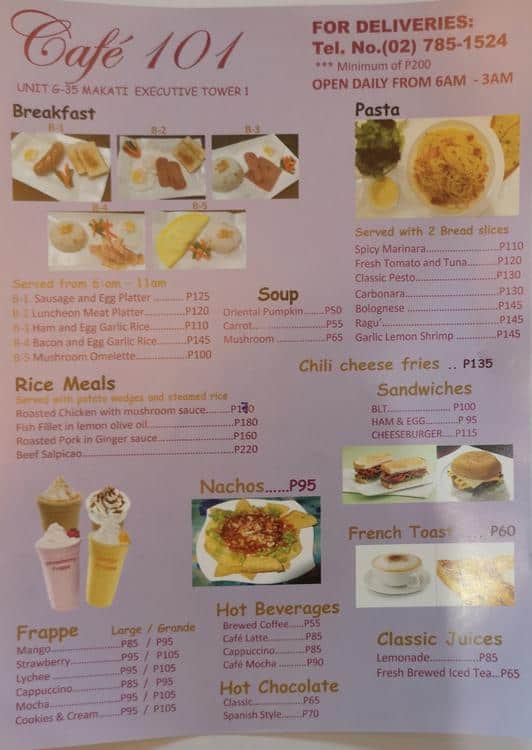 Menu at Café 101 cafe, Makati