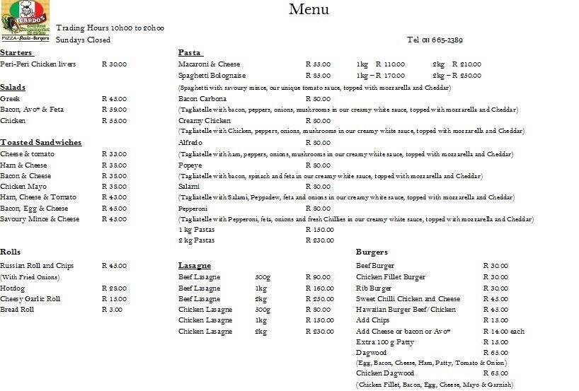 Menu at Ricardo's restaurant, Krugersdorp