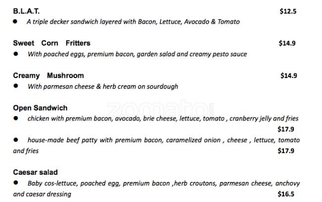 Menu at Jacaranda Cafe, Auckland, 470 Beach Road Murrays Bay