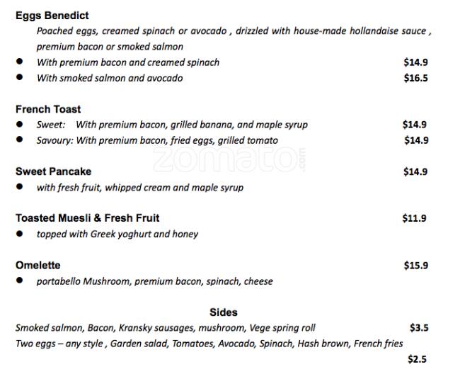 Menu at Jacaranda Cafe, Auckland, 470 Beach Road Murrays Bay