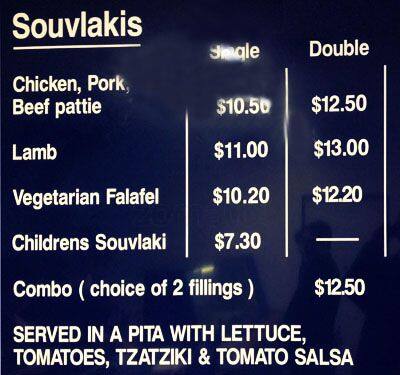 Menu at Mythos Greek Souvlakis restaurant, Christchurch