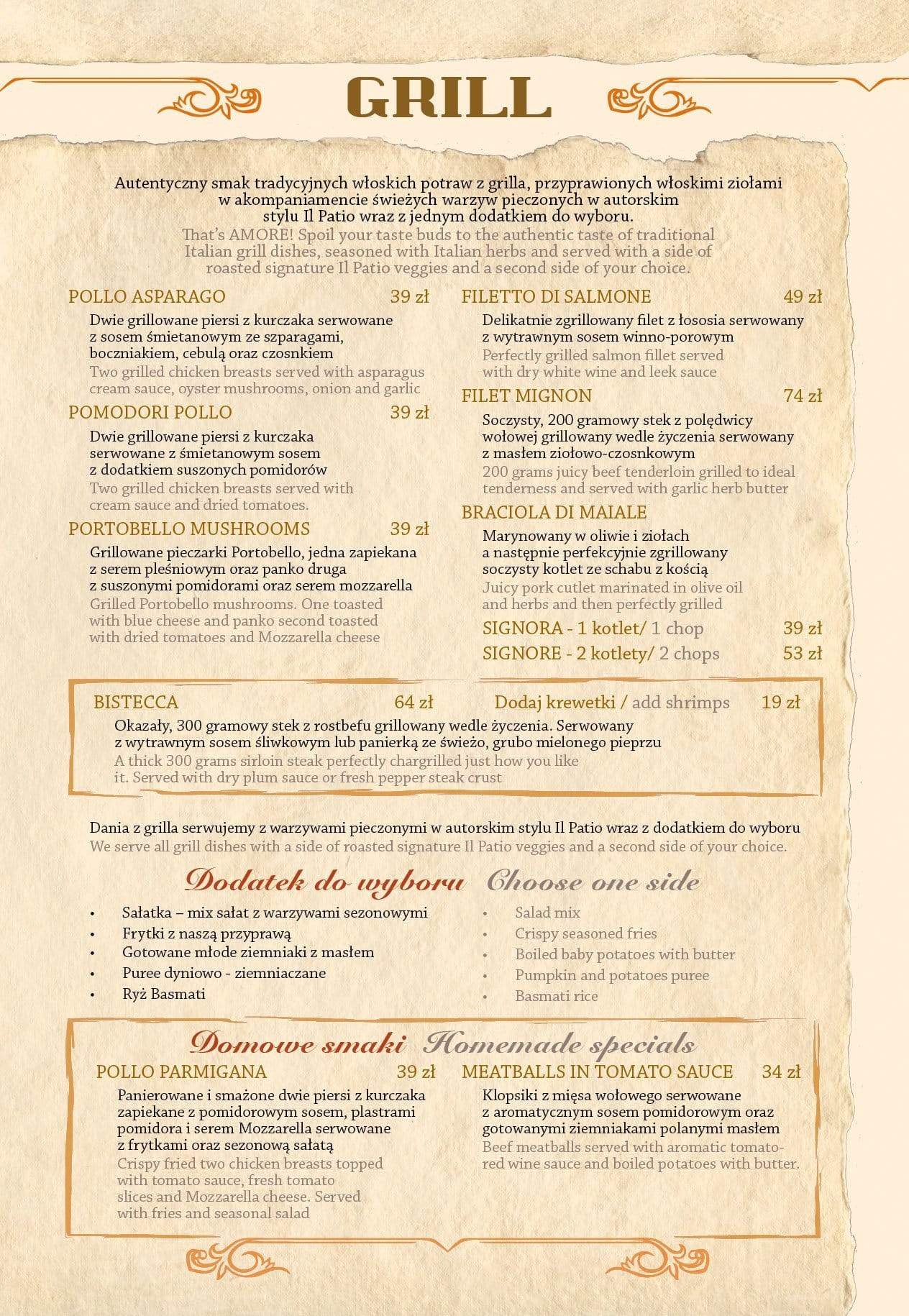 Carta de pizzería Restauracja Il Patio, Varsovia