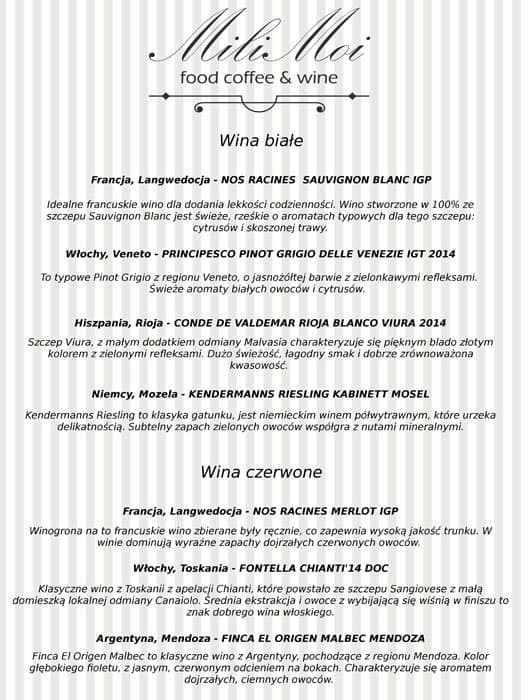 Menu at Mili Moi restaurant, Warsaw, Obrzeżna 5B
