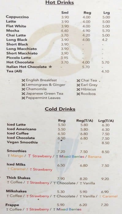 Menu at Mocha Lounge restaurant, Brisbane City, 225 Hawken Dr