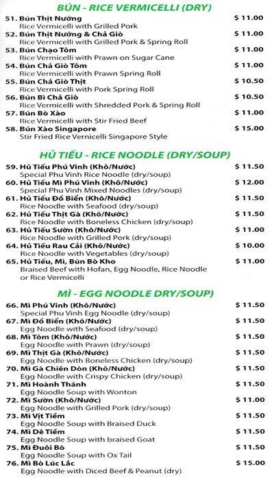 Menu at Phu Vinh Noodle House fast food, Malaga