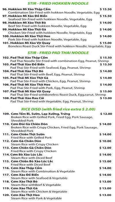 Menu at Phu Vinh Noodle House fast food, Malaga