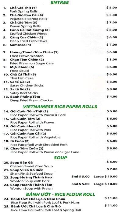 Menu at Phu Vinh Noodle House fast food, Malaga