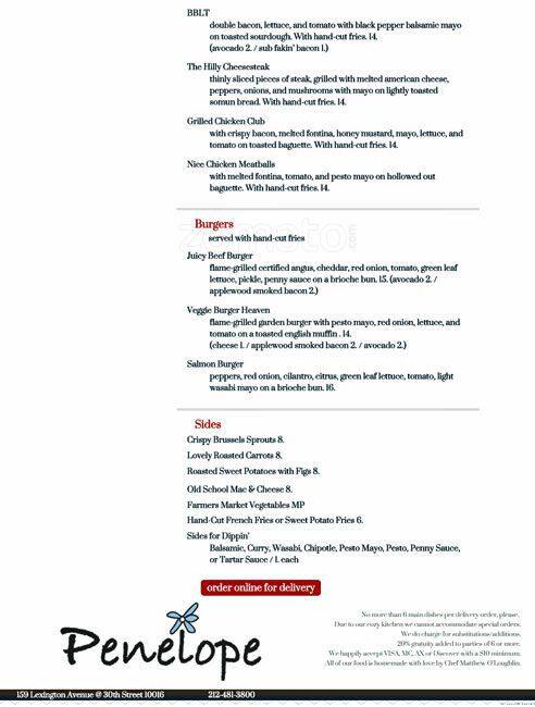 Menu at Penelope restaurant, New York City