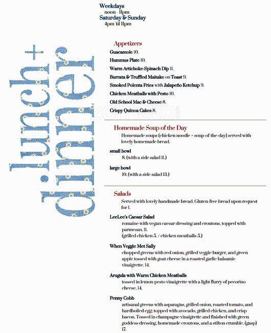 Menu at Penelope restaurant, New York City