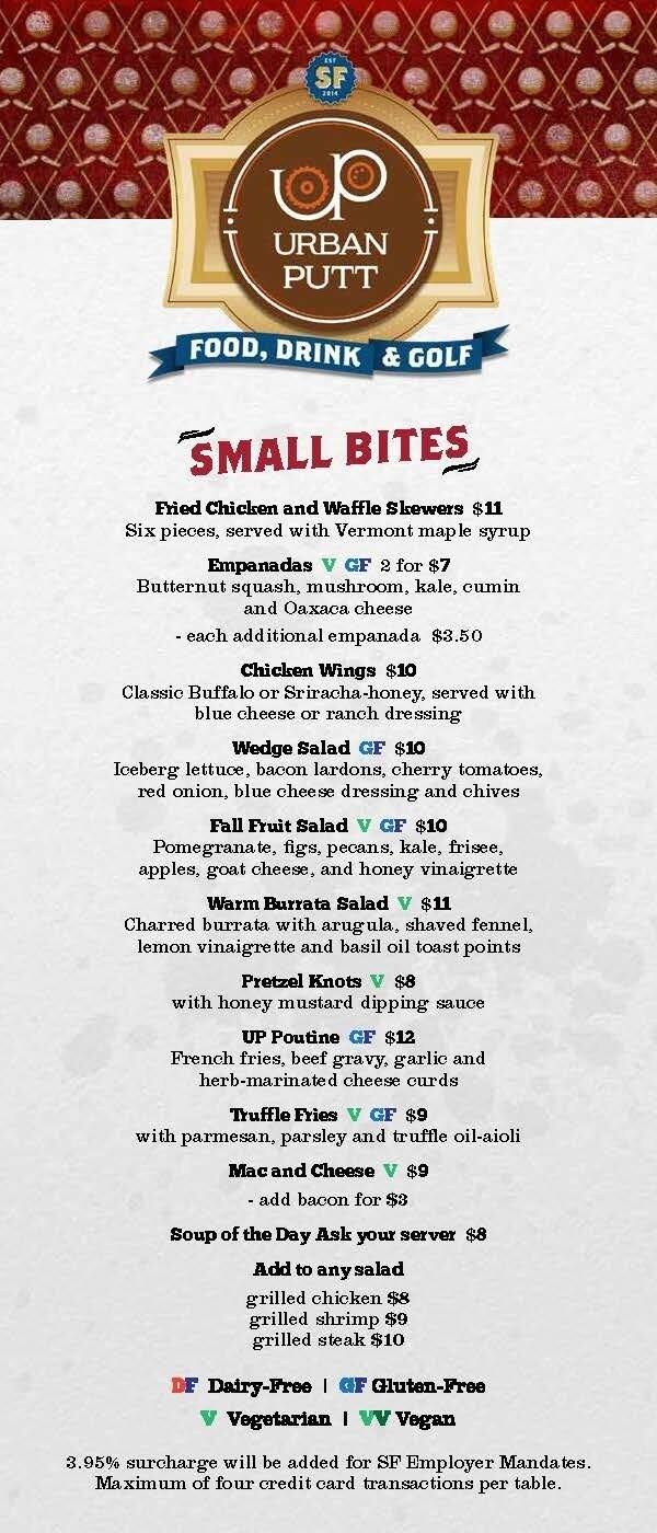 Menu at Urban Putt pub & bar, San Francisco, S Van Ness Ave