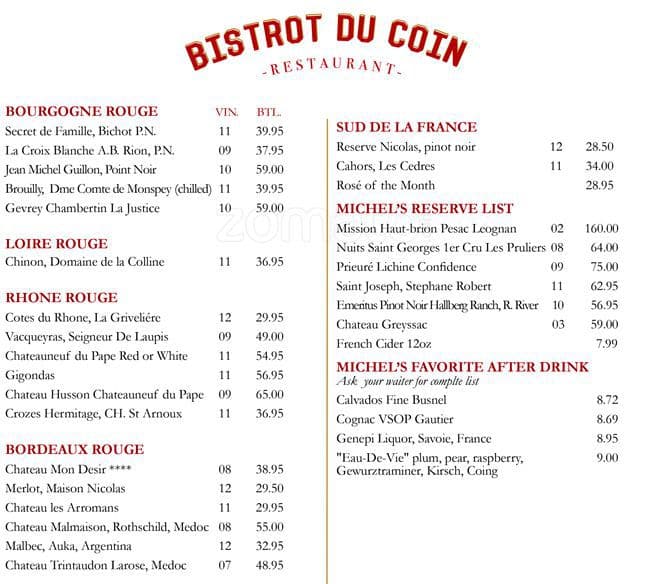 Menu at Bistrot Du Coin restaurant, Washington