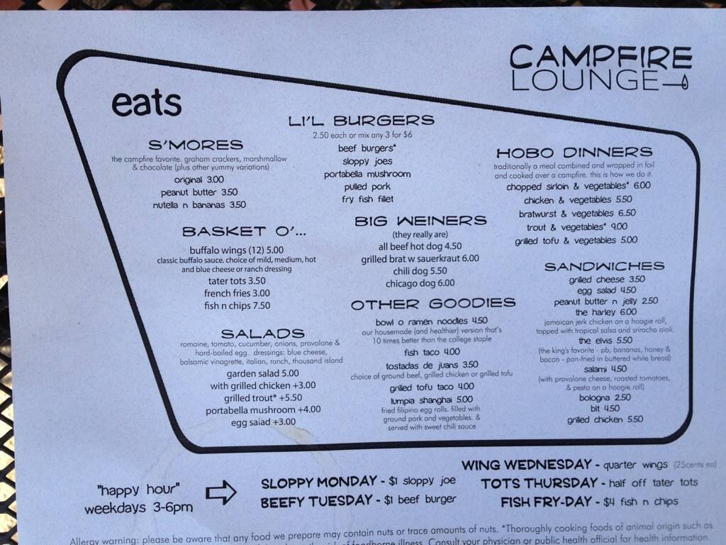 Menu at Campfire Lounge pub & bar, Salt Lake City
