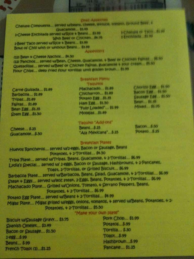 Menu at Lydia's Restaurant, Kingsville