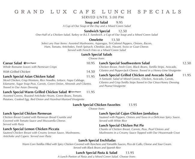 Menu at Grand Lux Cafe, Austin