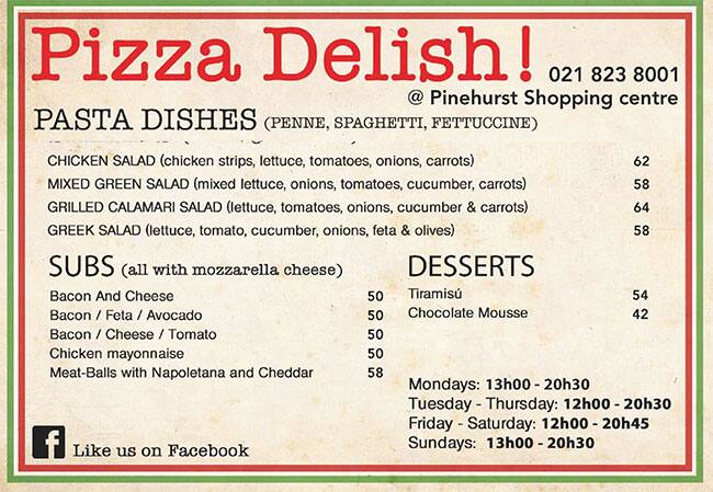 Menu at Pizza Delish pizzeria, Cape Town, shop no.28 Pinehurst Shopping ...