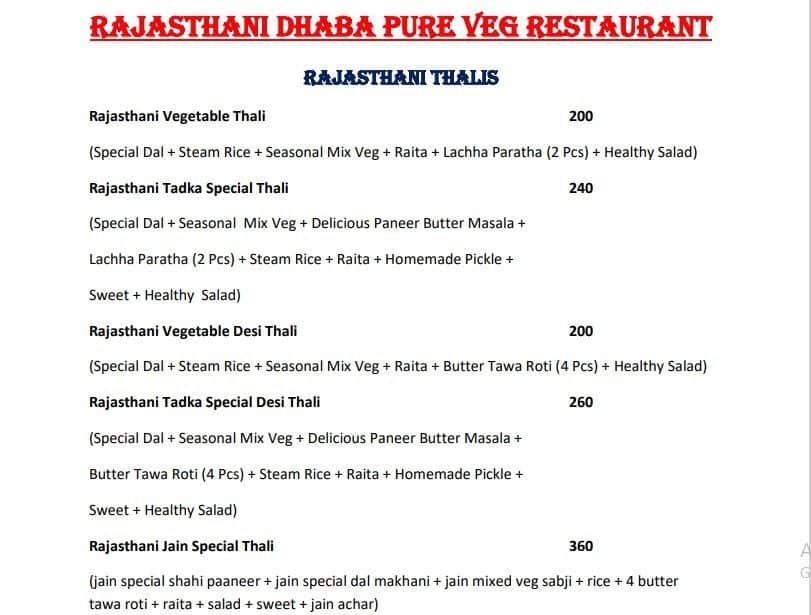 Menu of Rajasthani Dhaba Pure Veg Restaurant, Shyam Nagar, Jaipur