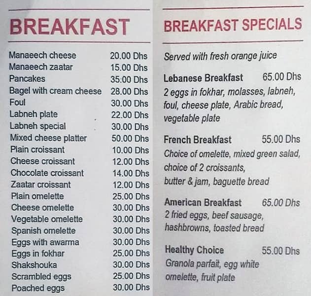 Menu of Zyara, Dubai Media City, Dubai