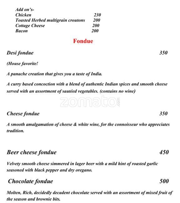 Menu at Panache, Mumbai