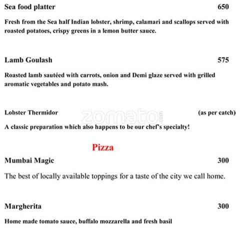 Menu at Panache, Mumbai