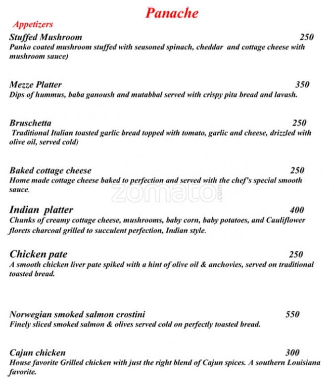 Menu at Panache, Mumbai