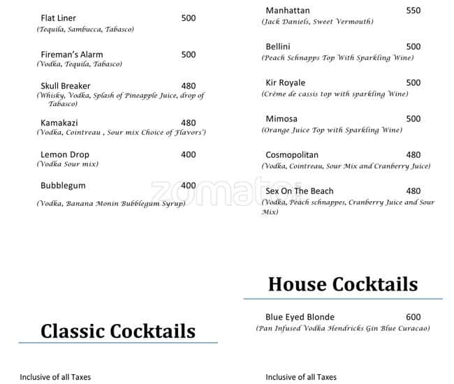 Menu at Panache, Mumbai