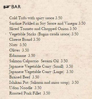 Menu at Yokoya pub & bar, London