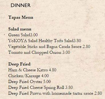 Menu at Yokoya pub & bar, London