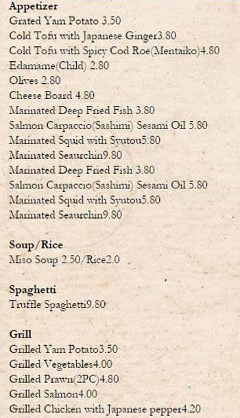 Menu at Yokoya pub & bar, London