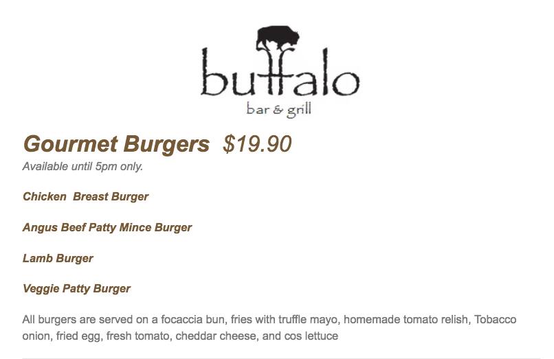 Menu at Buffalo Bar & Grill, Auckland, Shed 23 145 Quay St Princes Wharf