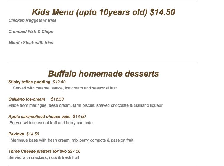 Menu at Buffalo Bar & Grill, Auckland, Shed 23 145 Quay St Princes Wharf