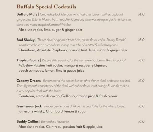 Menu at Buffalo Bar & Grill, Auckland, Shed 23 145 Quay St Princes Wharf
