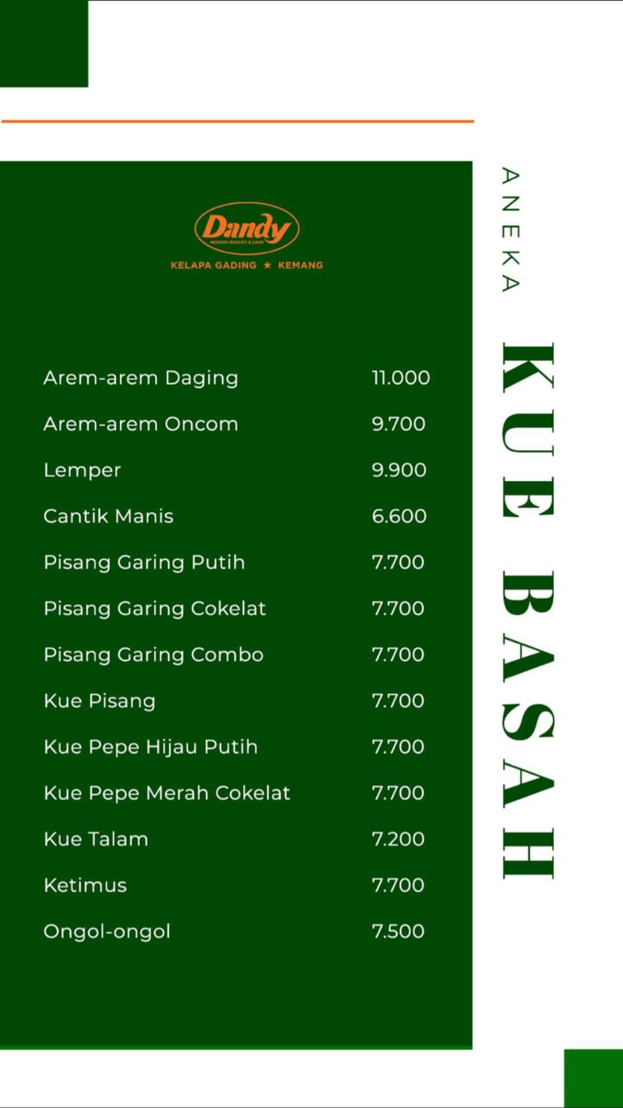 Menu at Dandy Bakery, North Jakarta, Jl. Boulevard Raya No.11 Blok K4