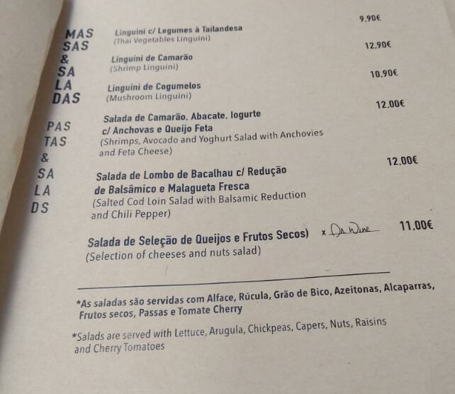 Menu em Dr. Wine pub & Bar, Lisboa