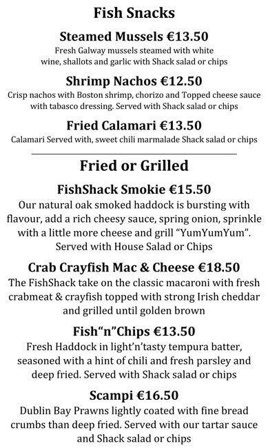 Carta del restaurante Fish Shack, Dublin, 13 Parliament St