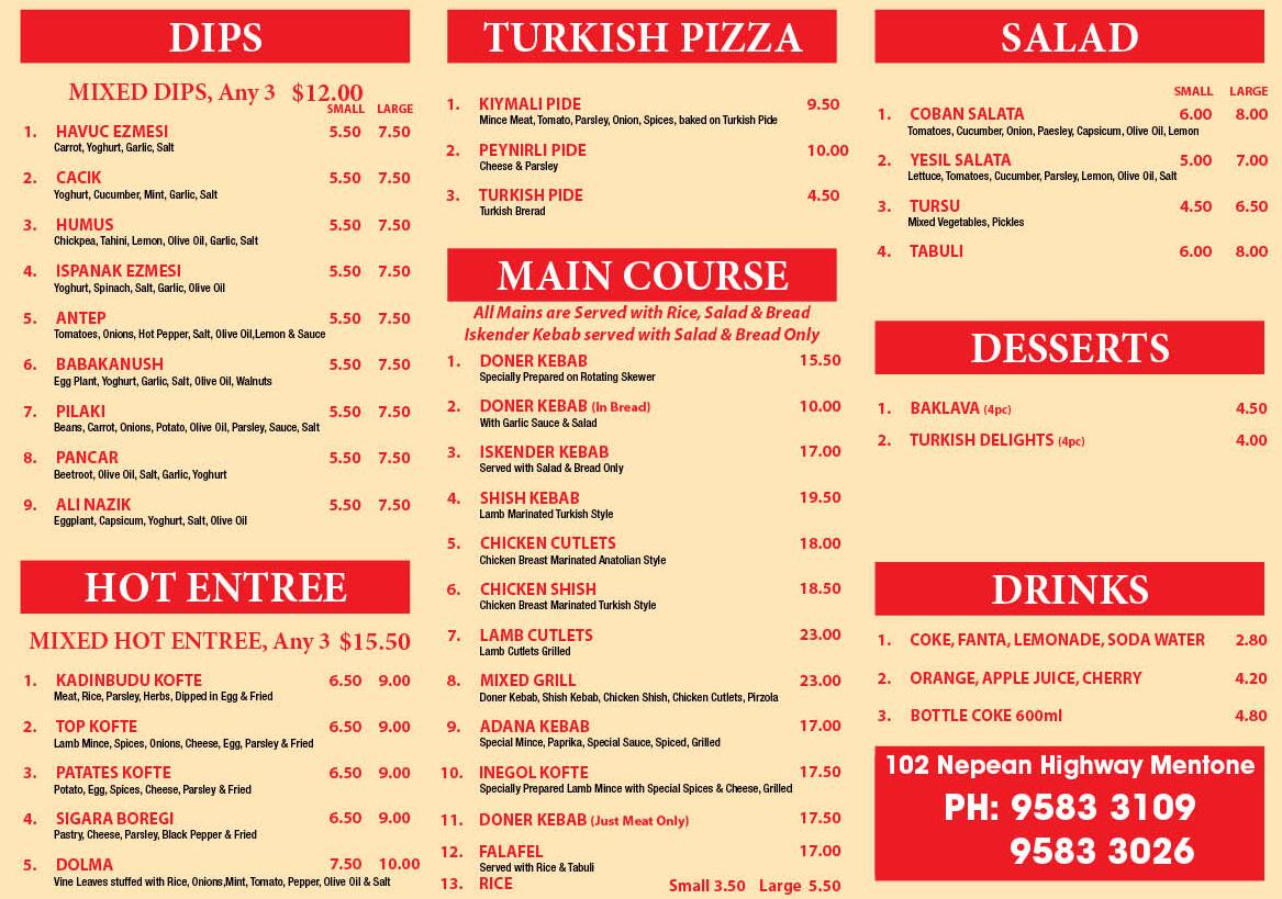 Menu at Guzel Istanbul Turkish Restaurant, Mentone