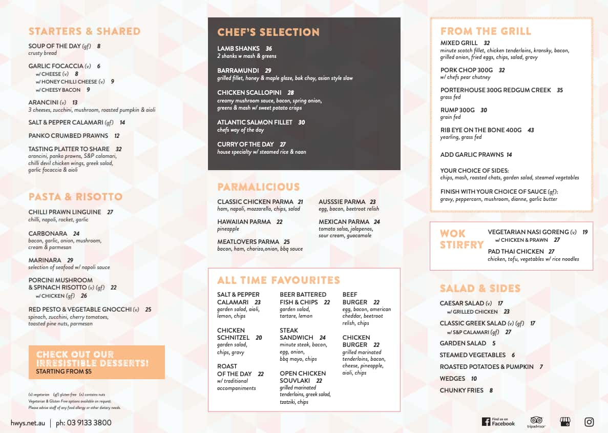 Menu at Highways restaurant, Springvale, Princes Hwy