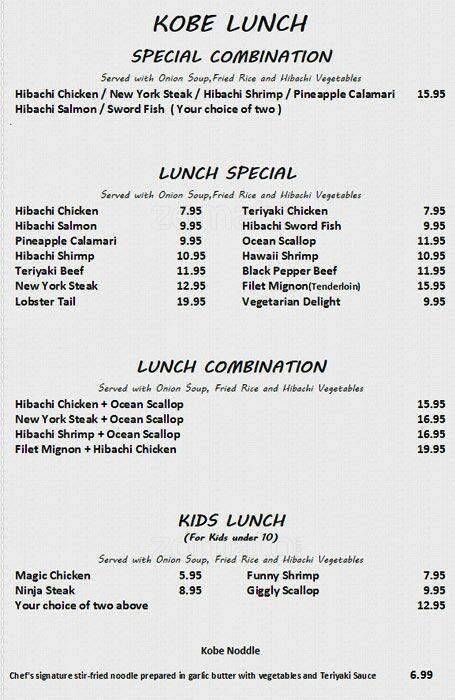 Menu at Kobe Steak & Sushi restaurant, McKinney, W Eldorado Pkwy STE 100