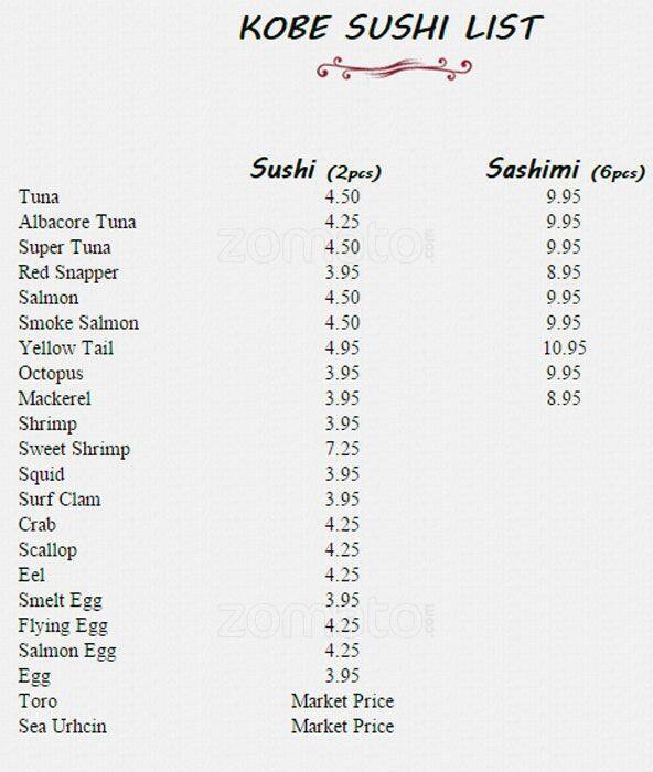 Menu at Kobe Steak & Sushi restaurant, McKinney, W Eldorado Pkwy STE 100