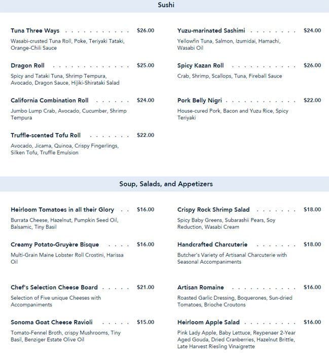 Menu at California Grill Lounge restaurant, Orlando