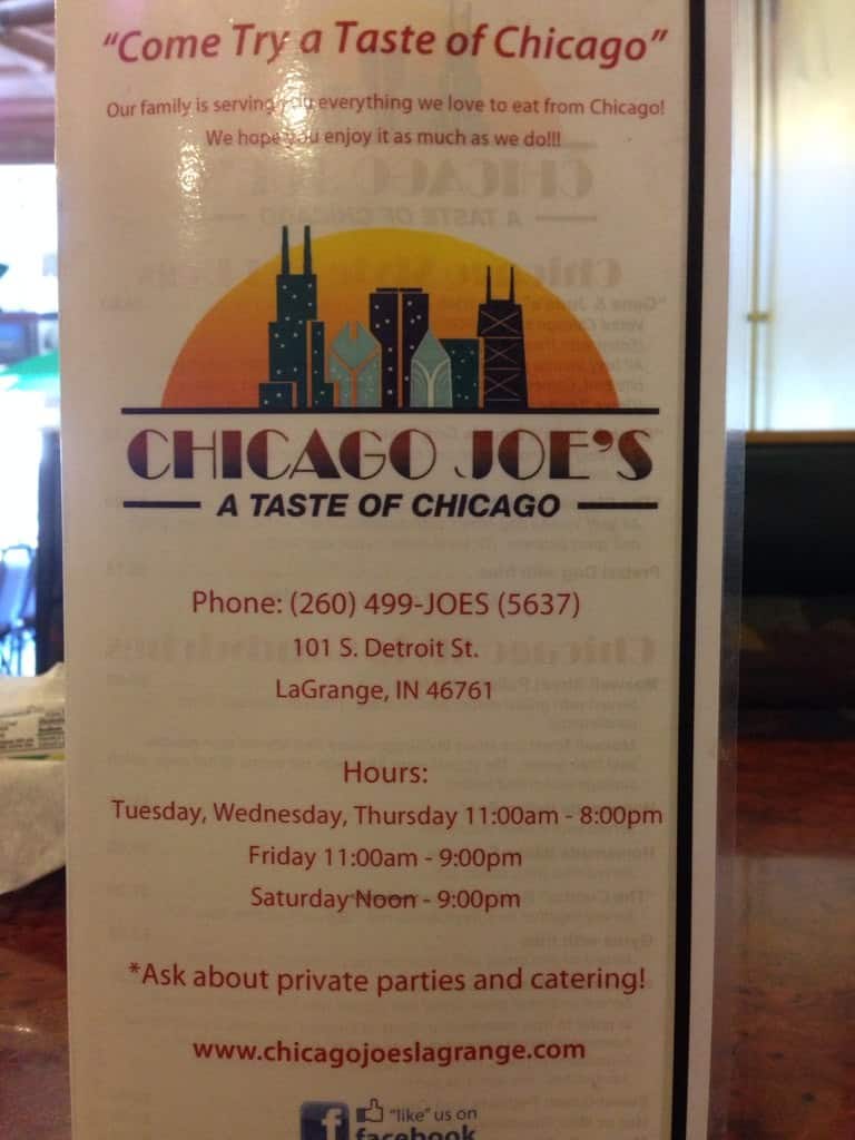 Menu at Chicago Joe's pizzeria, LaGrange