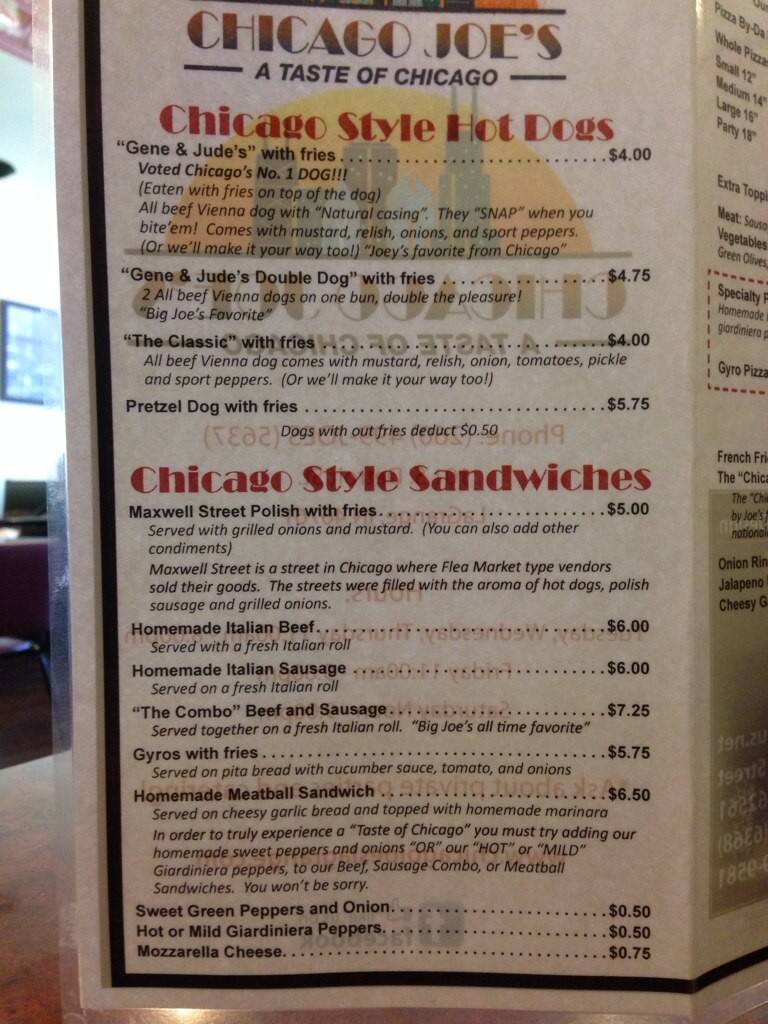 Menu at Chicago Joe's pizzeria, LaGrange