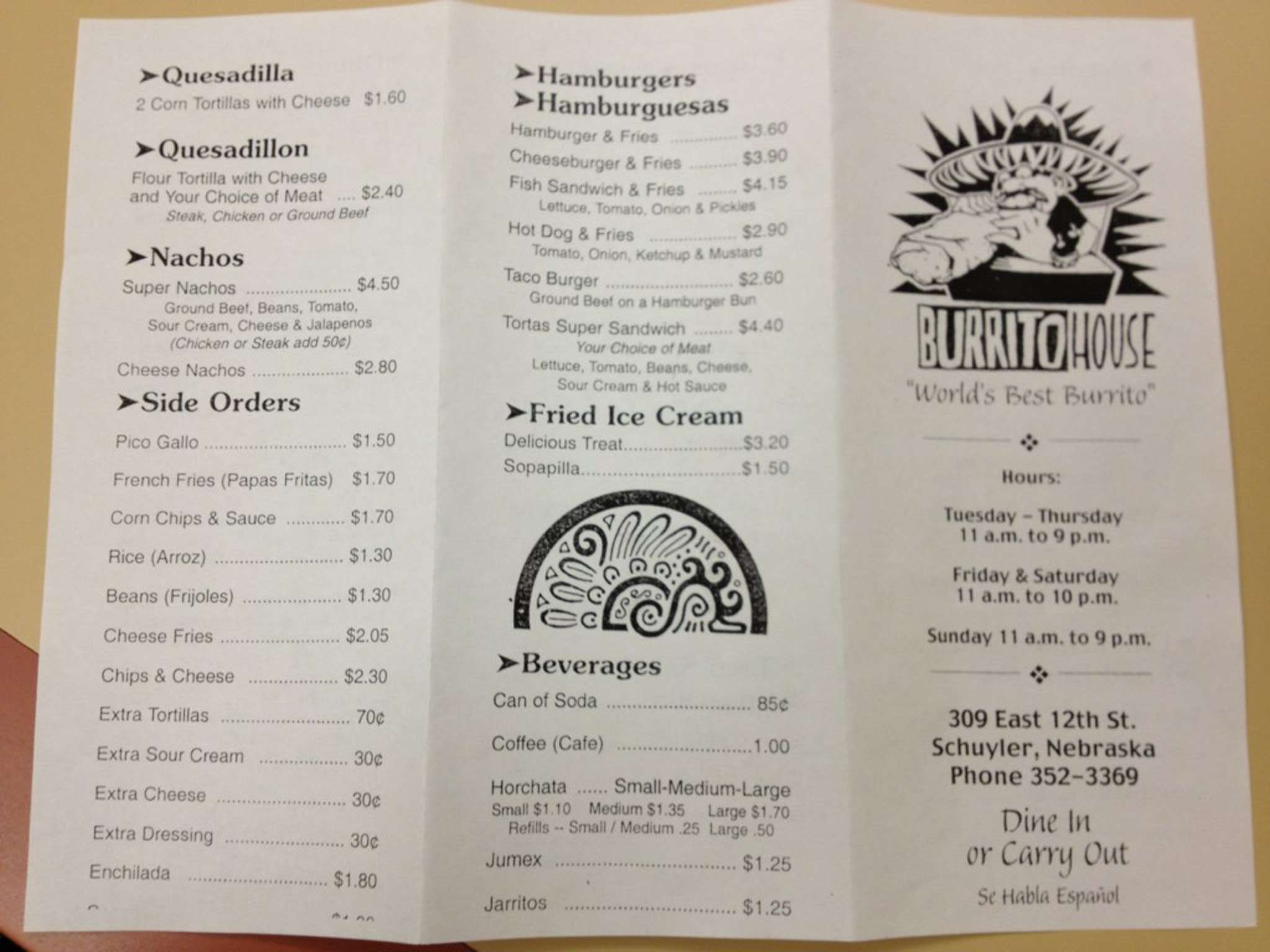 Menu at Burrito House restaurant, Schuyler