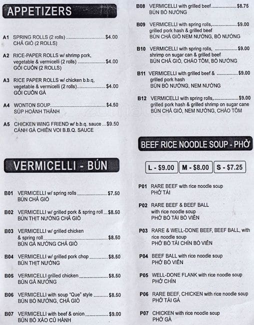 Menu at Pho Pho Pho restaurant, Mississauga