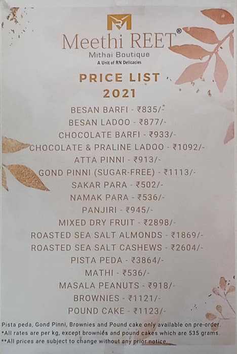 Menu of Meethi Reet Mithai Boutique, DLF Phase 4, Gurgaon