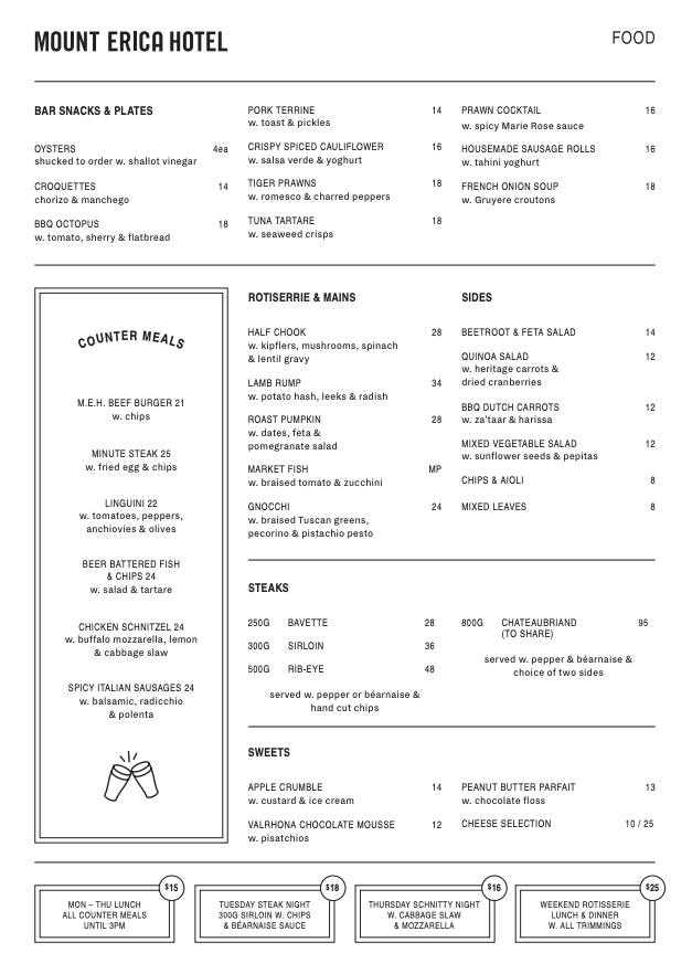 Menu at Mount Erica Hotel pub & bar, Prahran