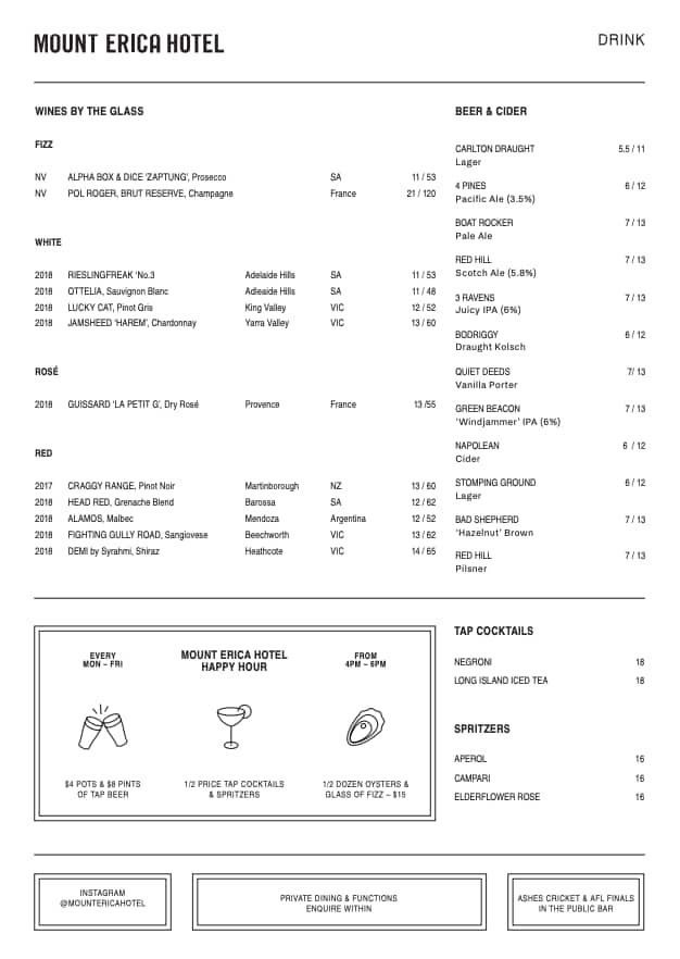 Menu at Mount Erica Hotel pub & bar, Prahran