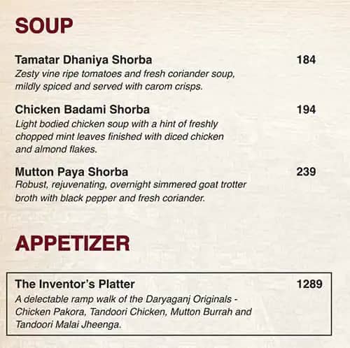 Menu of Daryaganj - By The Inventors Of Butter Chicken And Dal Makhani ...